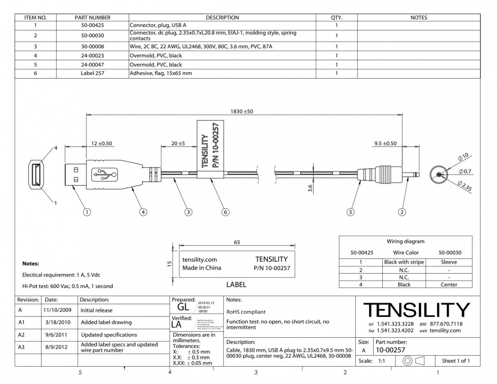 Tensility International 10-00257 cable assembly drawing