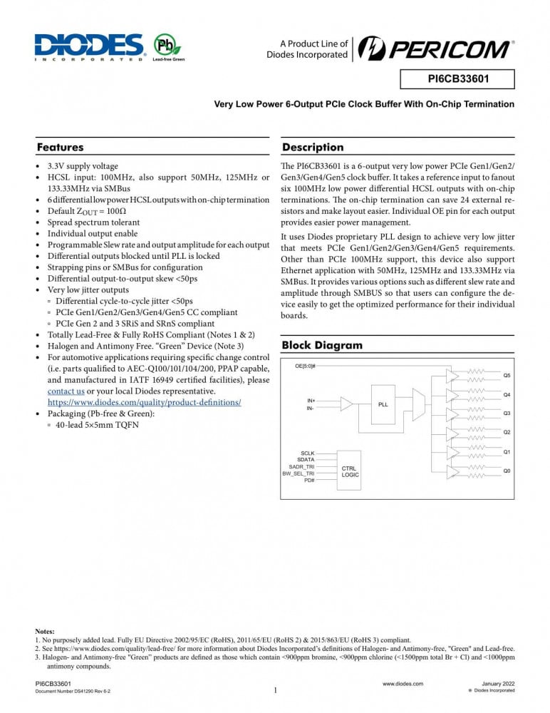 PI6CB33601 datasheet page 1