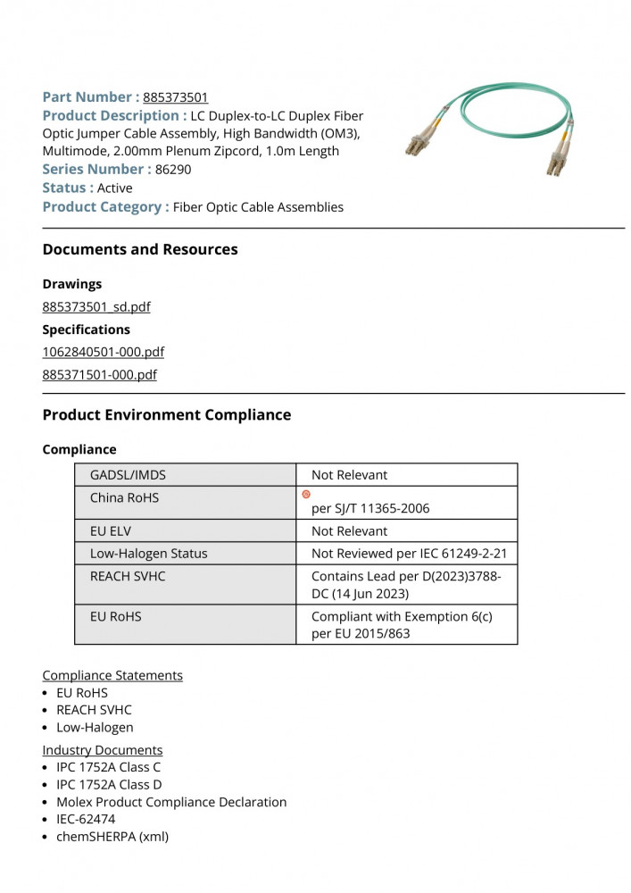 Product documentation image 1 for Molex 885373501