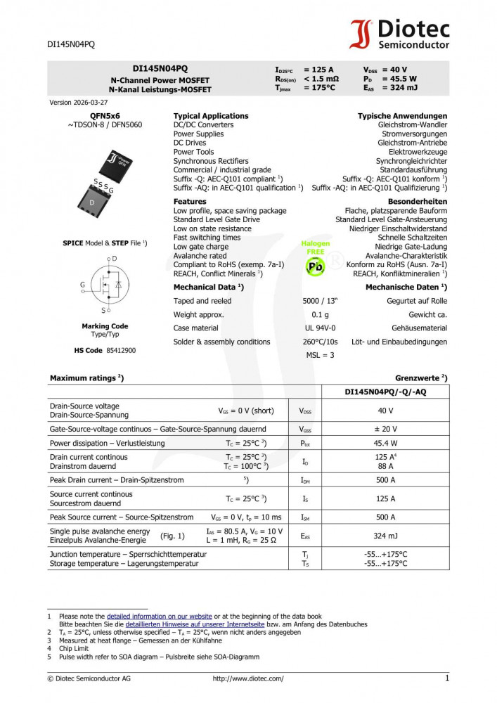 DIOTEC DI145N04PQ-Q document page 1