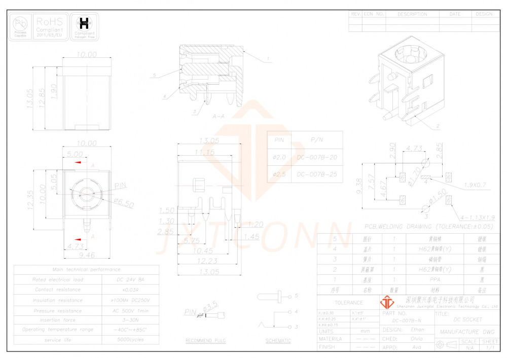 JXTCONN DC-007B-25 technical drawing page 1