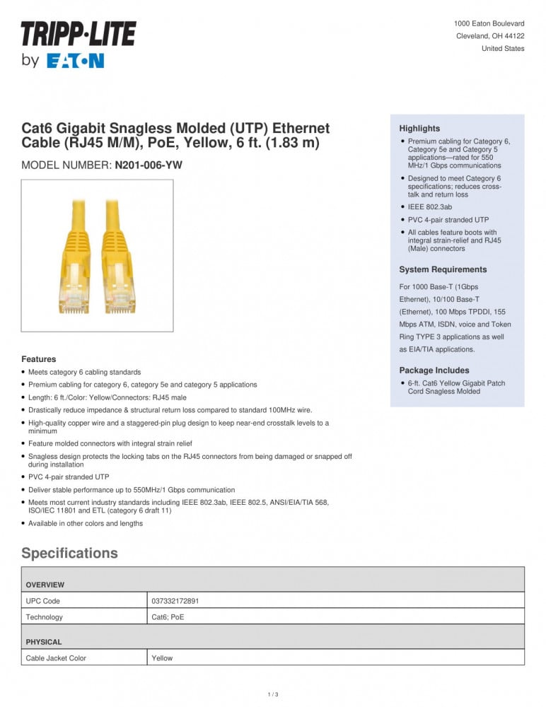 EATON N201-006-YW technical document page 1