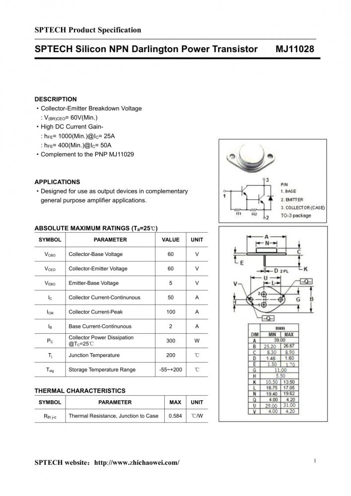 SPTECH MJ11028 datasheet page 1