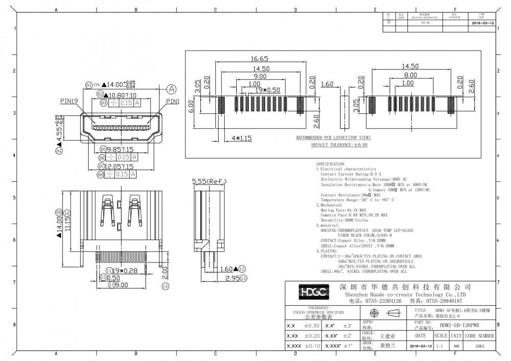 HDMI-GD-126PWB technical drawing and specification