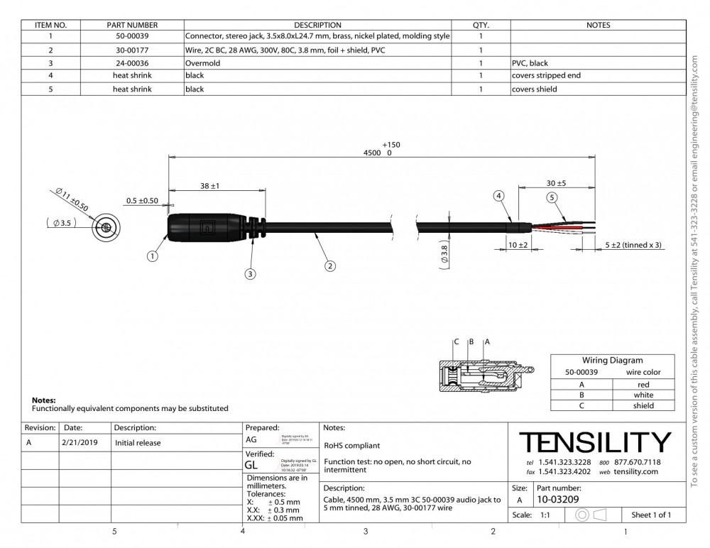 Tensility International 10-03209 product drawing and wiring information