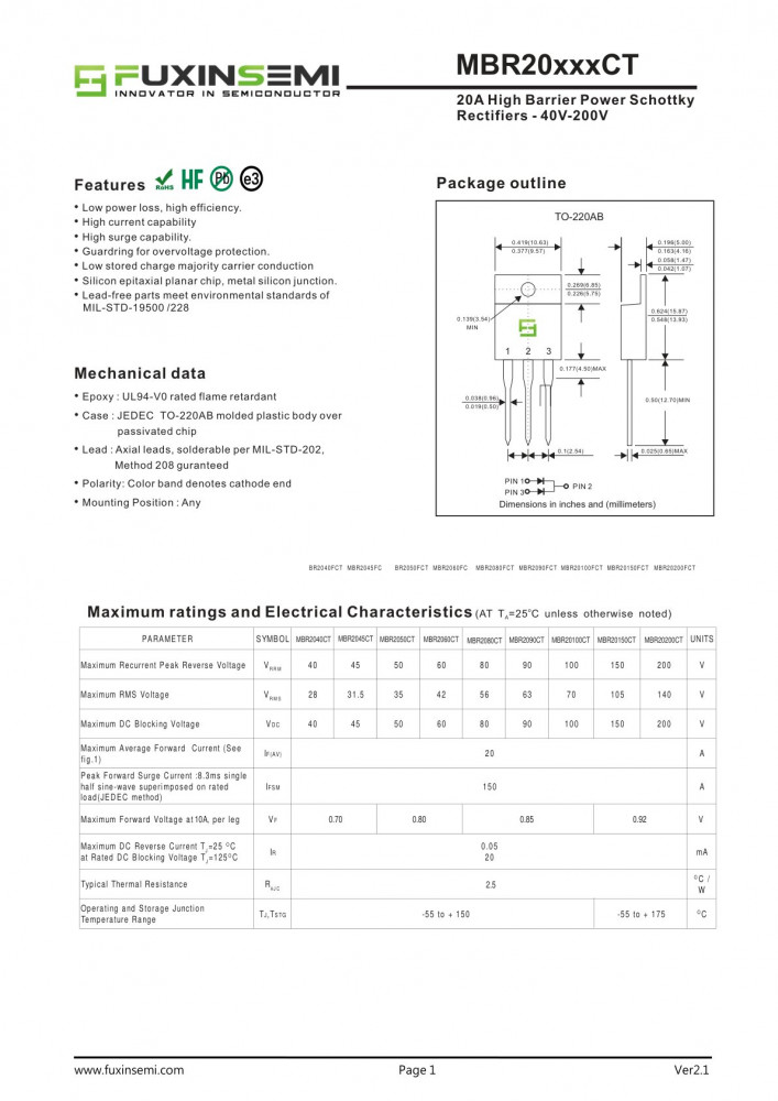 MBR20100CT datasheet page 1