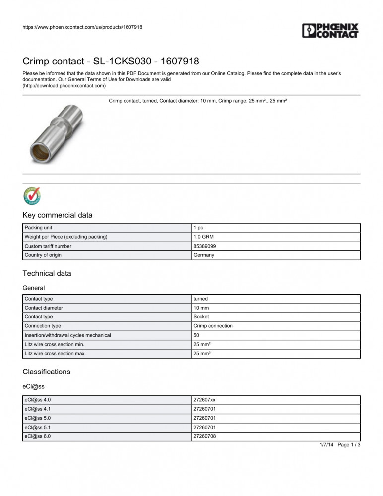 Phoenix Contact 1607918 technical document page 1