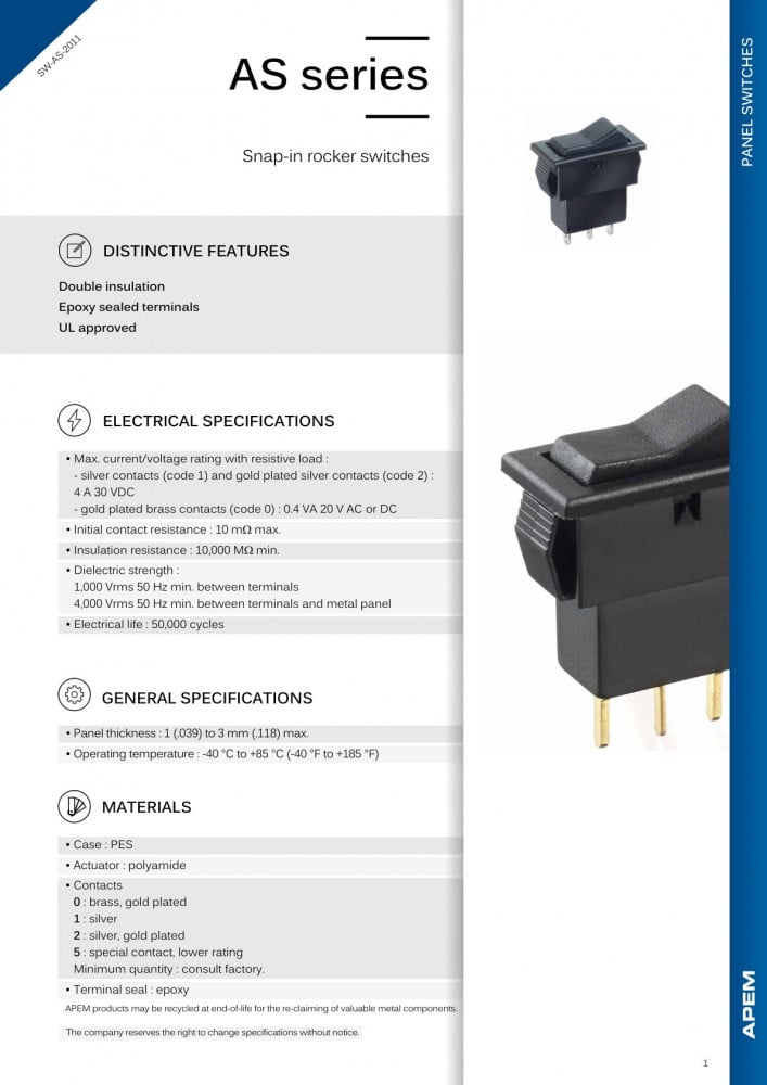 APEM AS series datasheet page 1