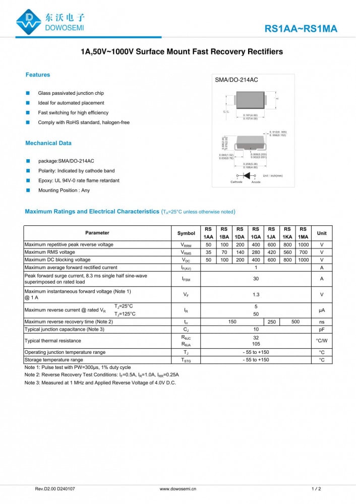 DOWO RS1MA datasheet page 1