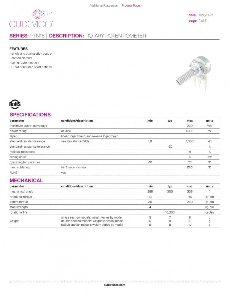 CUI PTN16 datasheet page 1