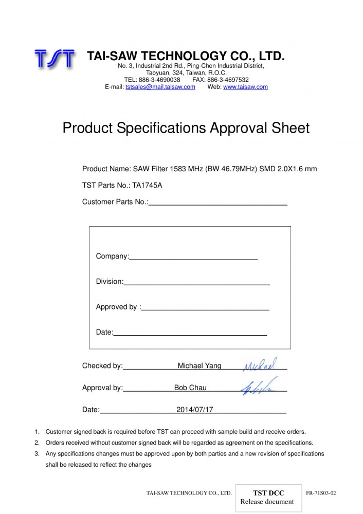TA1745A approval sheet page 1