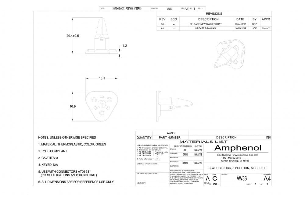 Amphenol AW3S technical drawing preview