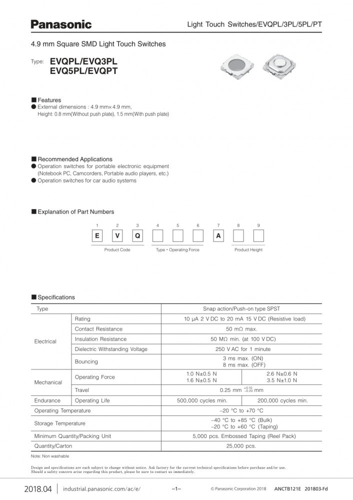 PANASONIC EVQPLDA15 technical document page 1