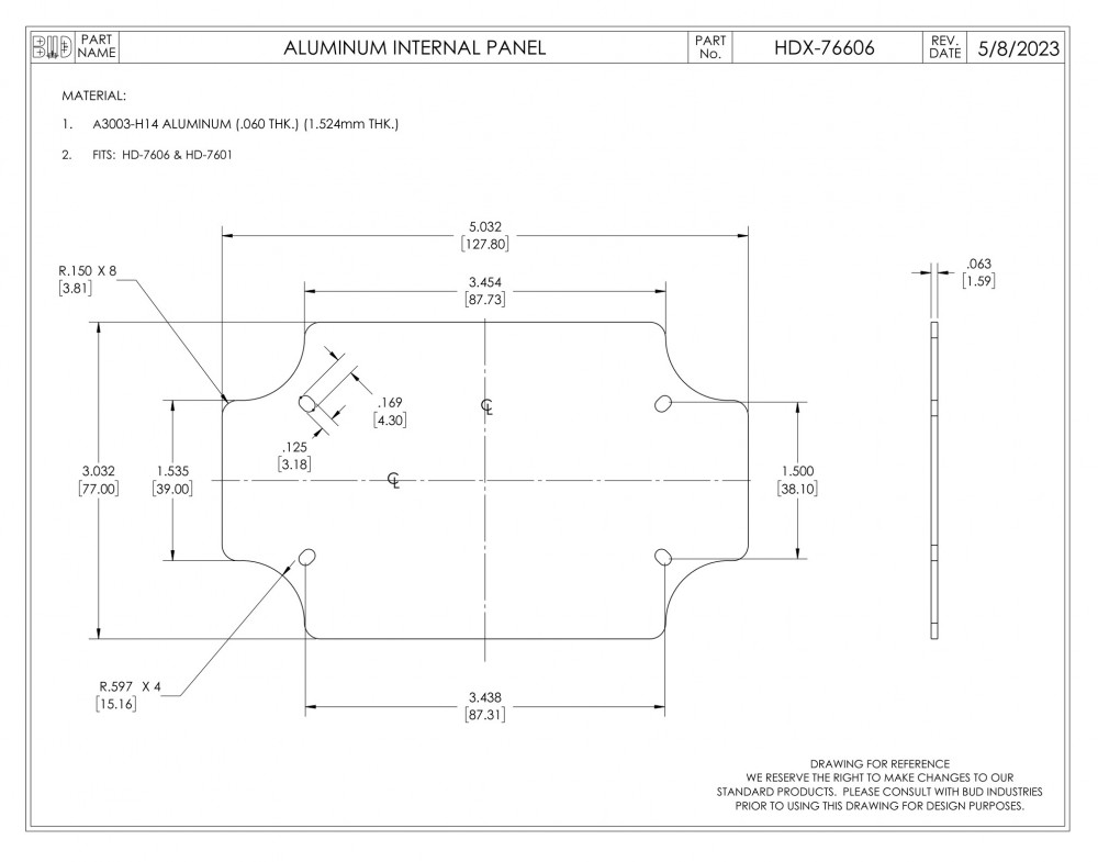 HDX-76606 aluminum internal panel technical drawing