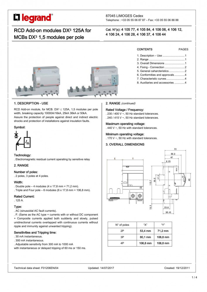 Legrand DX³ RCD add-on module technical document, page 1