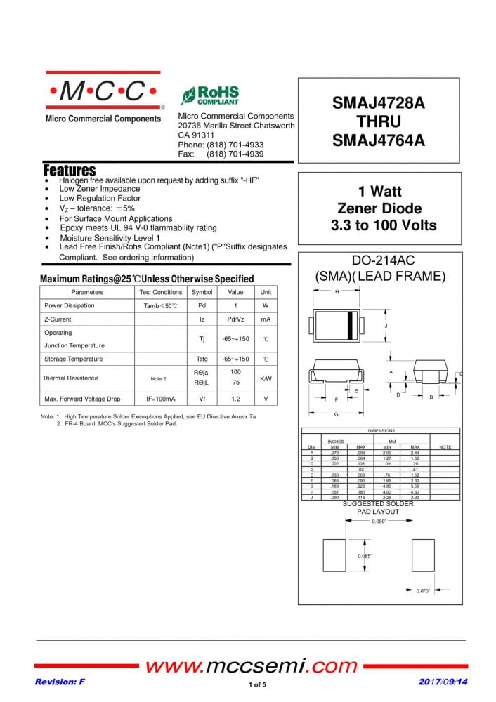 MCC SMAJ4763A-TP datasheet page 1