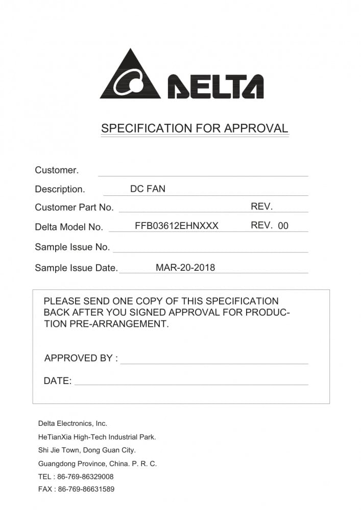Delta FFB03612EHNZGU specification page 1
