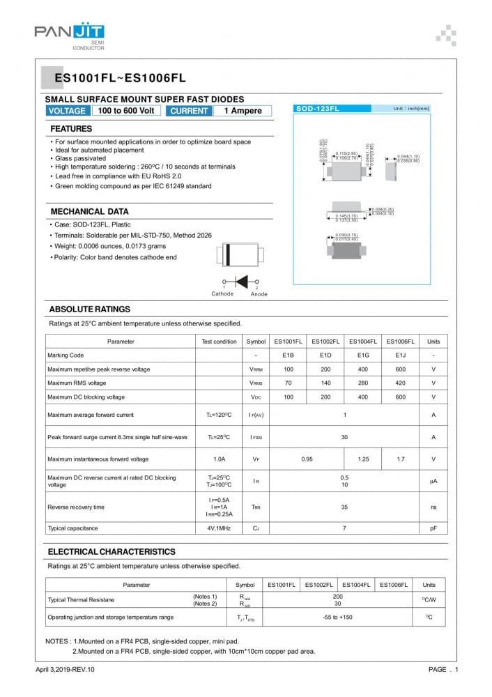 PANJIT ES1002FL datasheet page 1