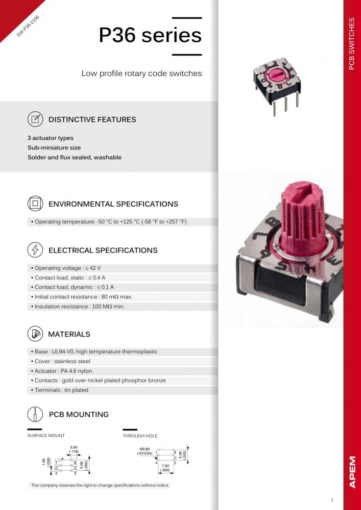 APEM P36 series datasheet page 1