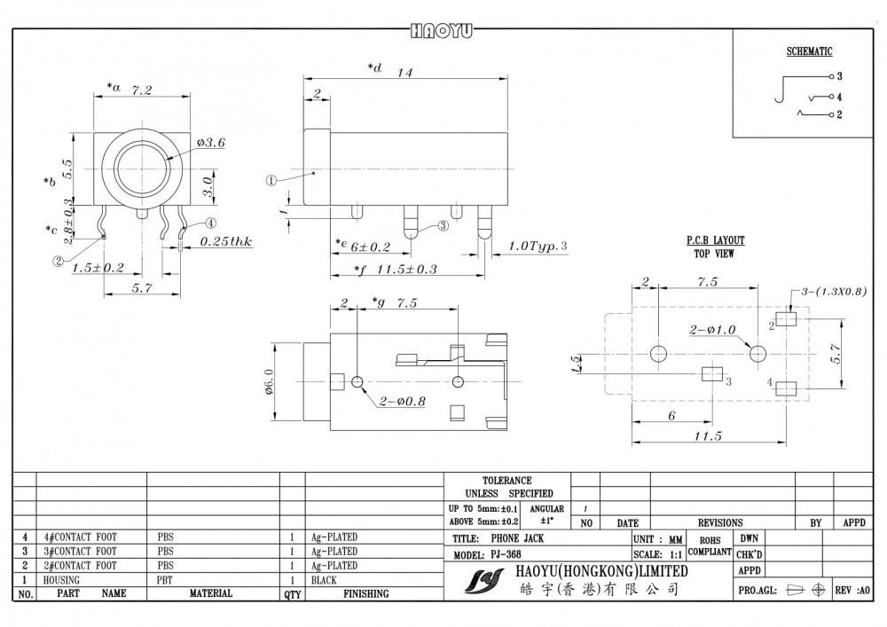 HOOYA PJ-368 phone jack technical drawing