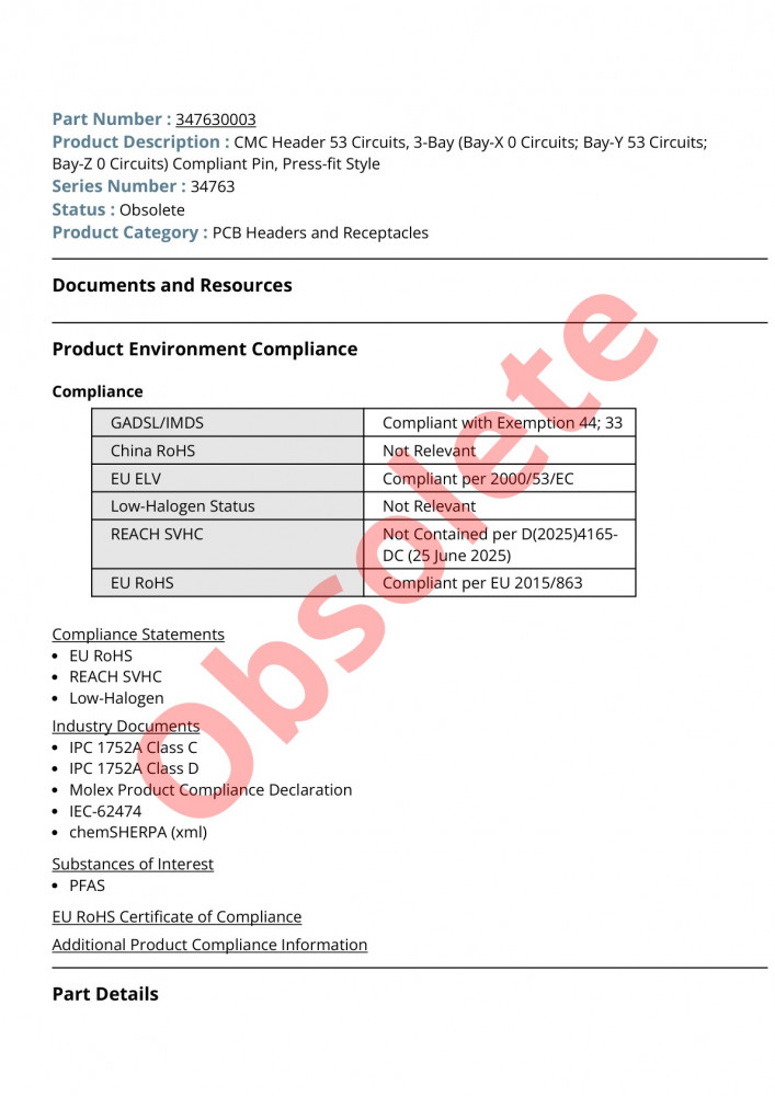 Technical document page 1 for MOLEX 347630003