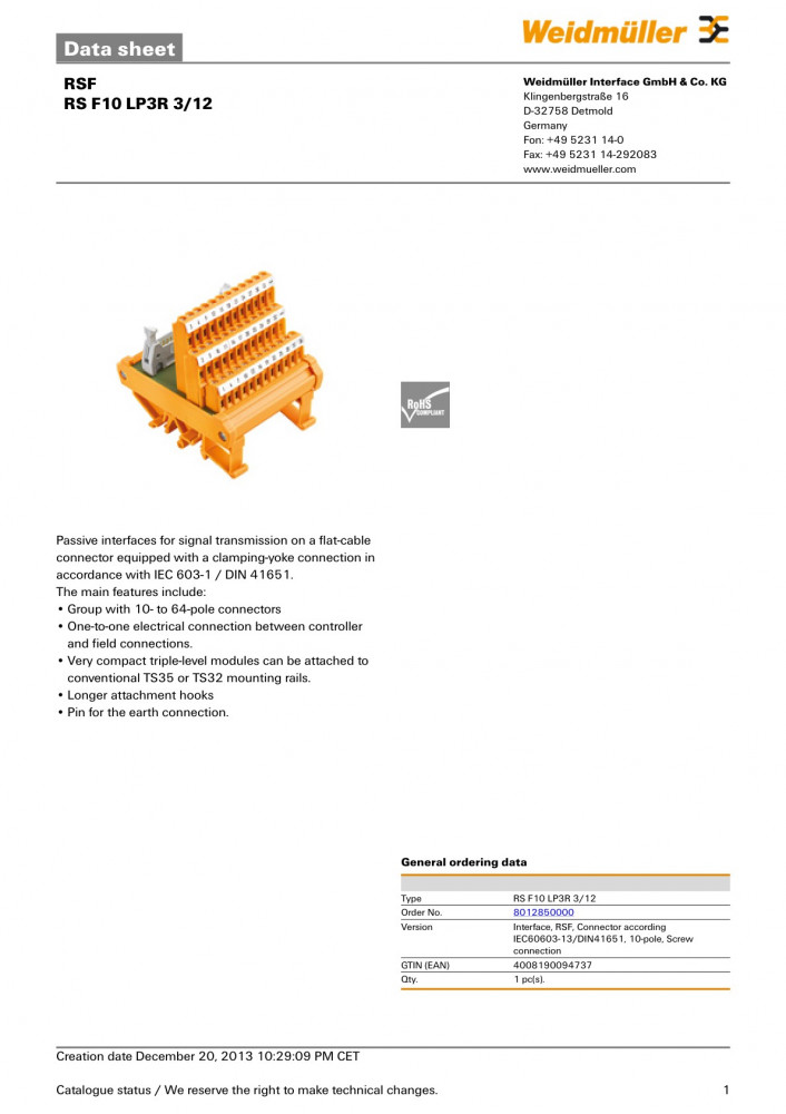 WEIDMULLER 8012850000 technical document page 1