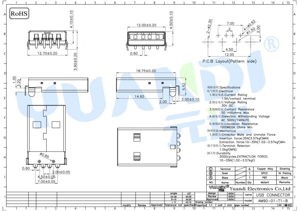 Yuandi AM90-01-T1-B technical drawing and specification image