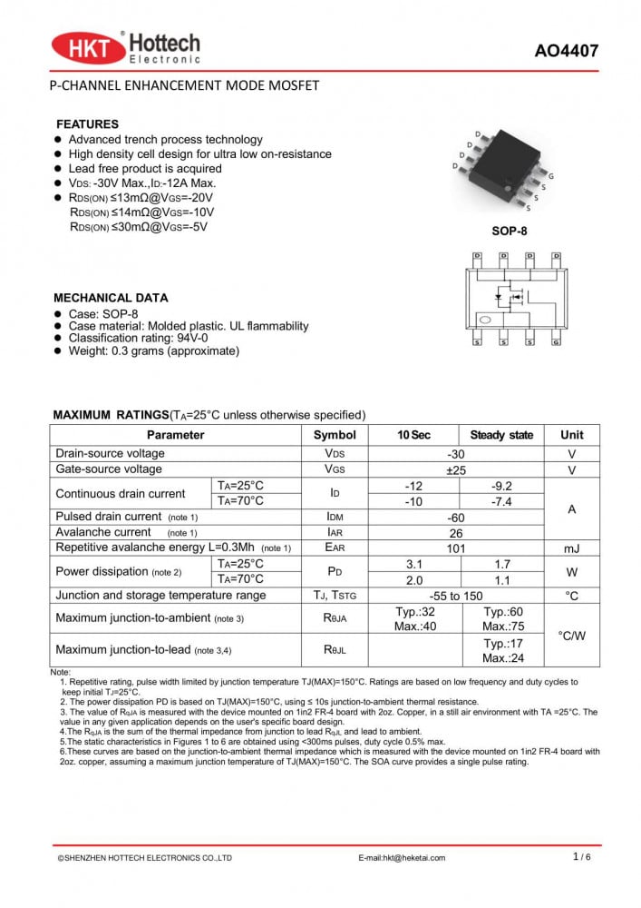 AO4407 datasheet page 1