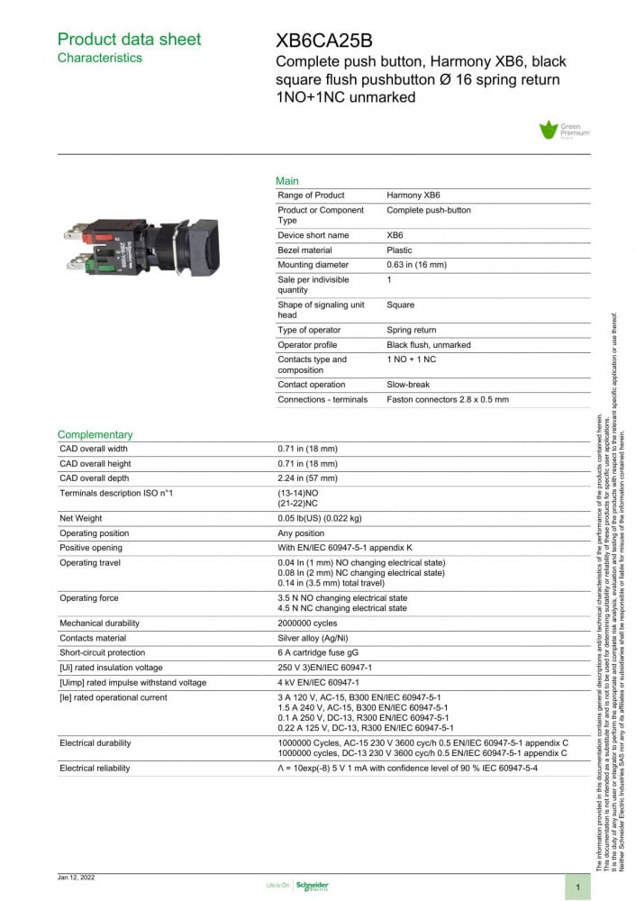 XB6CA25B technical document page 1
