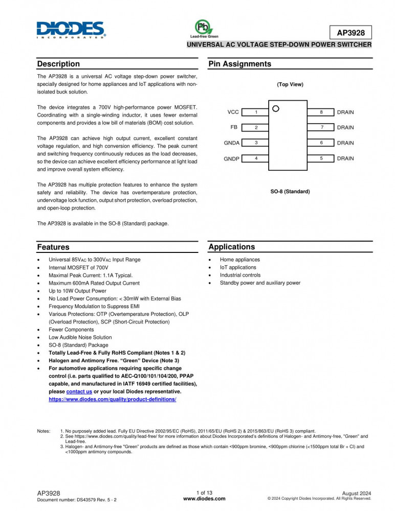 AP3928S-13 datasheet page 1