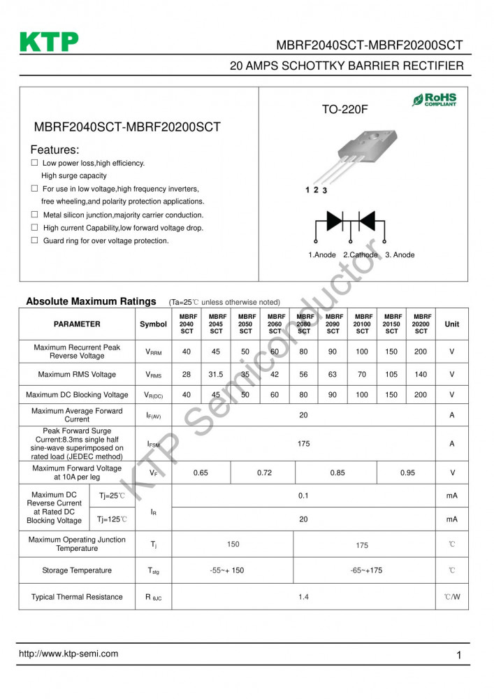MBRF20150SCT datasheet page 1