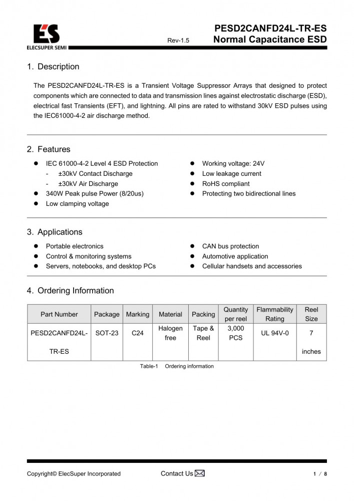 PESD2CANFD24L-TR-ES datasheet page 1
