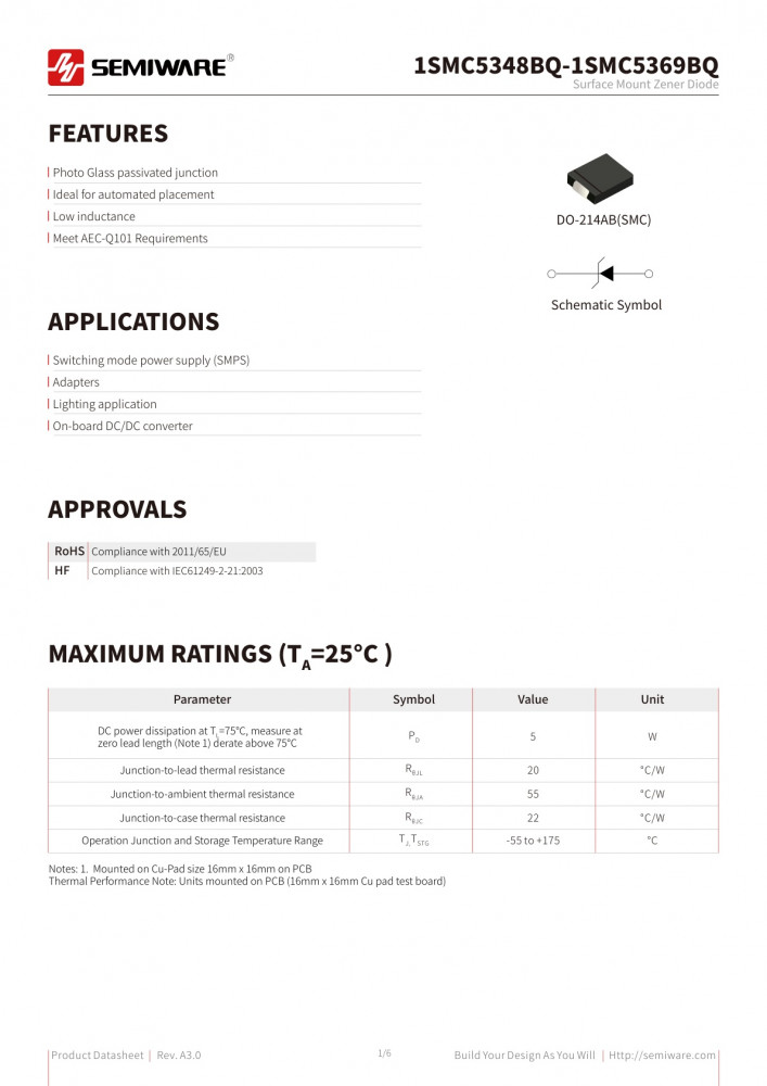 SEMIWARE datasheet page 1 for 1SMC5351BQ