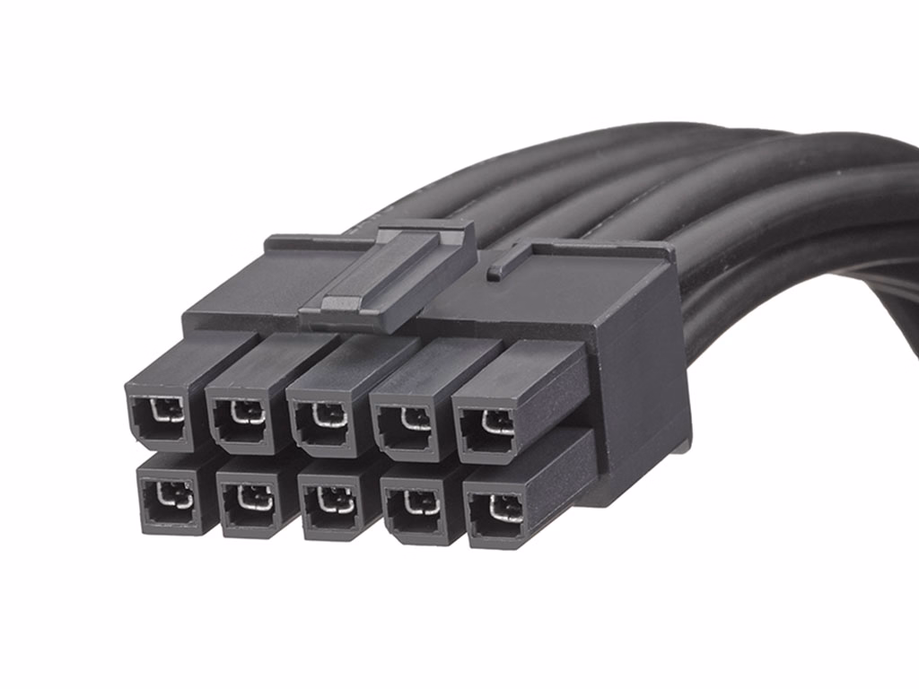 Mega-Fit-to-Mega-Fit Off-the-Shelf (OTS) Cable Assembly, Dual Row, 1.0m Length, Matte Tin Plated, 8 Circuits, Black