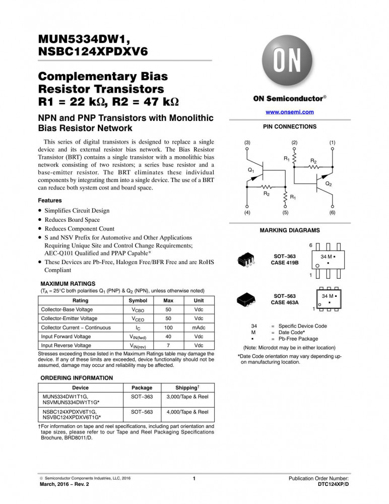 NSBC124XPDXV6T1G datasheet page 1