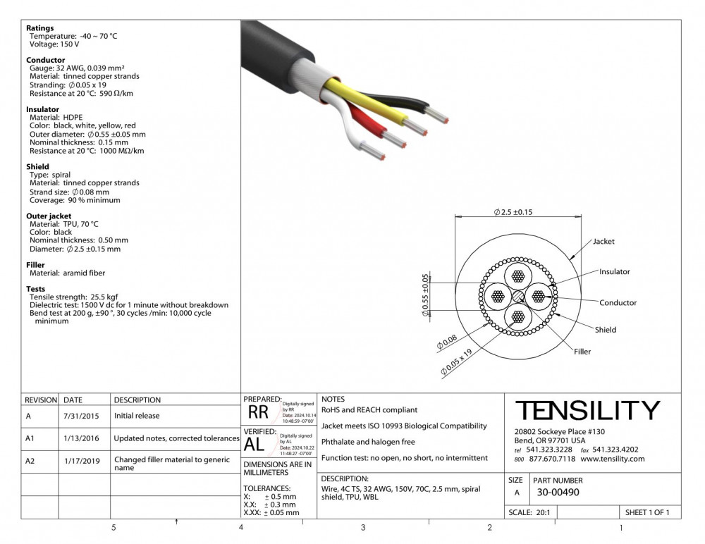 Tensility International 30-00490 cable drawing and specification sheet