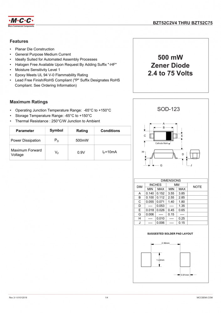 MCC BZT52C16-TP datasheet page 1