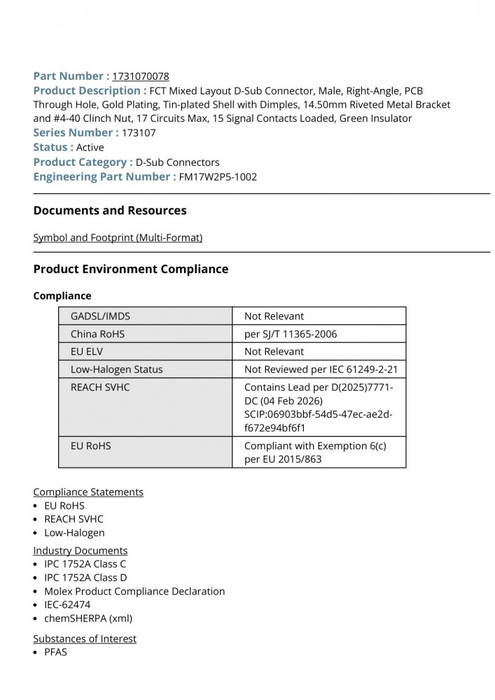 MOLEX 1731070078 technical document page 1