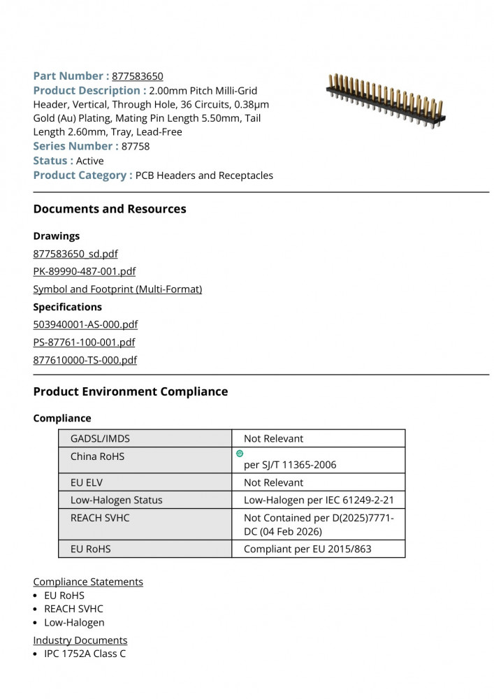 Technical document page 1 for MOLEX 877583650