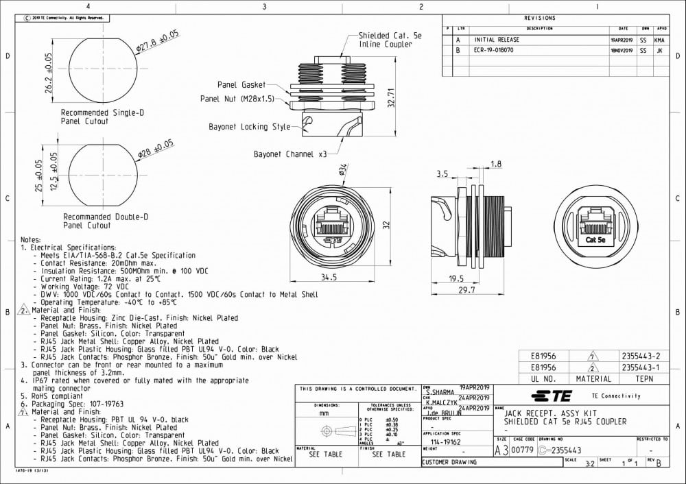 TE Connectivity 2355443-2 controlled drawing preview