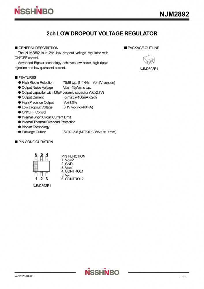 NJM2892 datasheet page 1