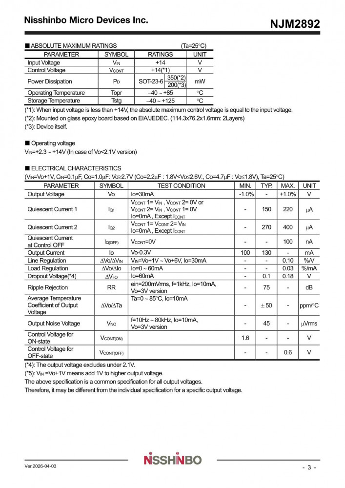 NJM2892 datasheet page 3