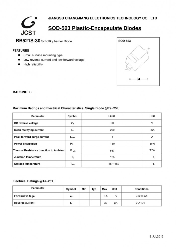 RB521S-30 technical datasheet page 1