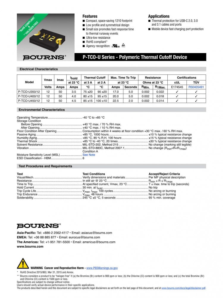 BOURNS P-TCO-U Series datasheet page 1