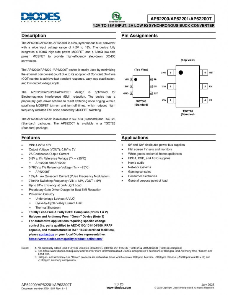 AP62200TWU-7 datasheet page 1