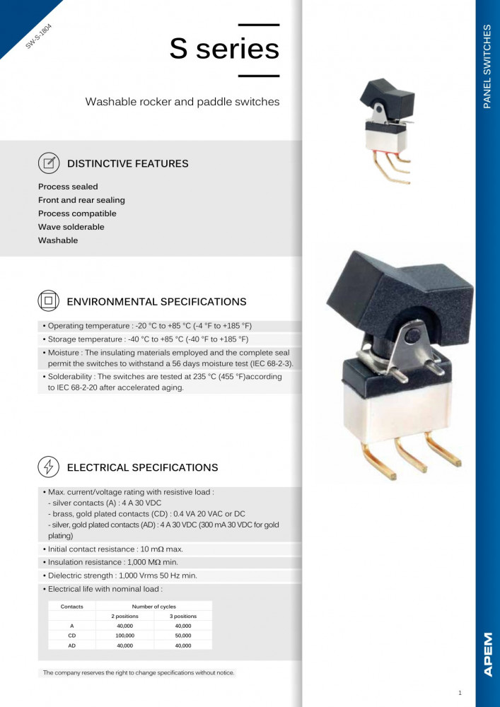 APEM S series datasheet page 1