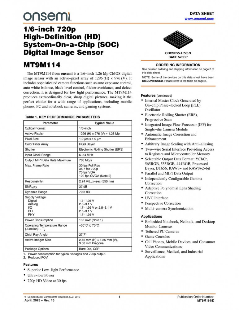 MT9M114 datasheet page 1