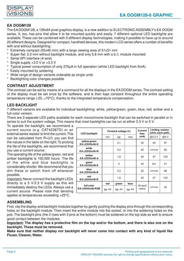 EA DOGM128 and EA LED55X46 product document, page 2
