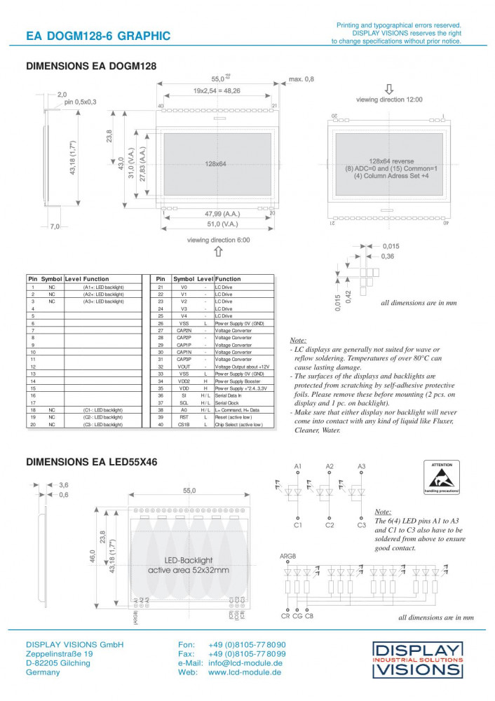 EA DOGM128 and EA LED55X46 product document, page 8