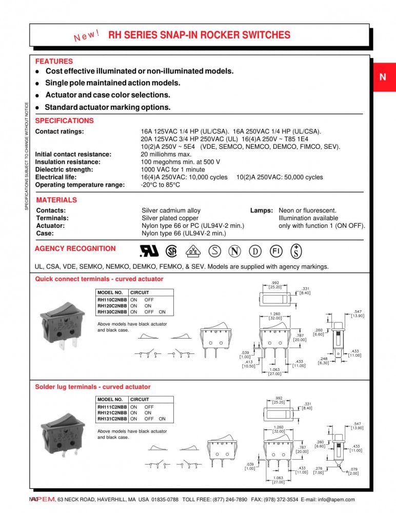 APEM RH110C2NBB technical document page 1